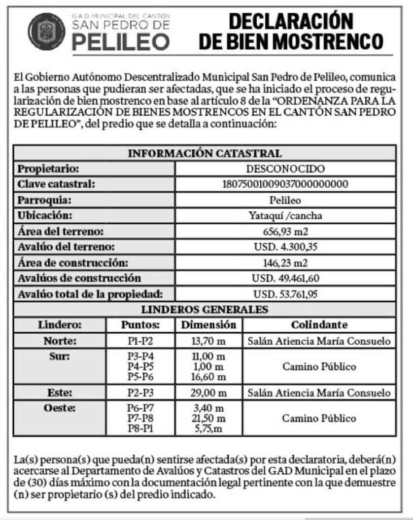 Bienes Mostrencos – GAD Municipal San Pedro de Pelileo